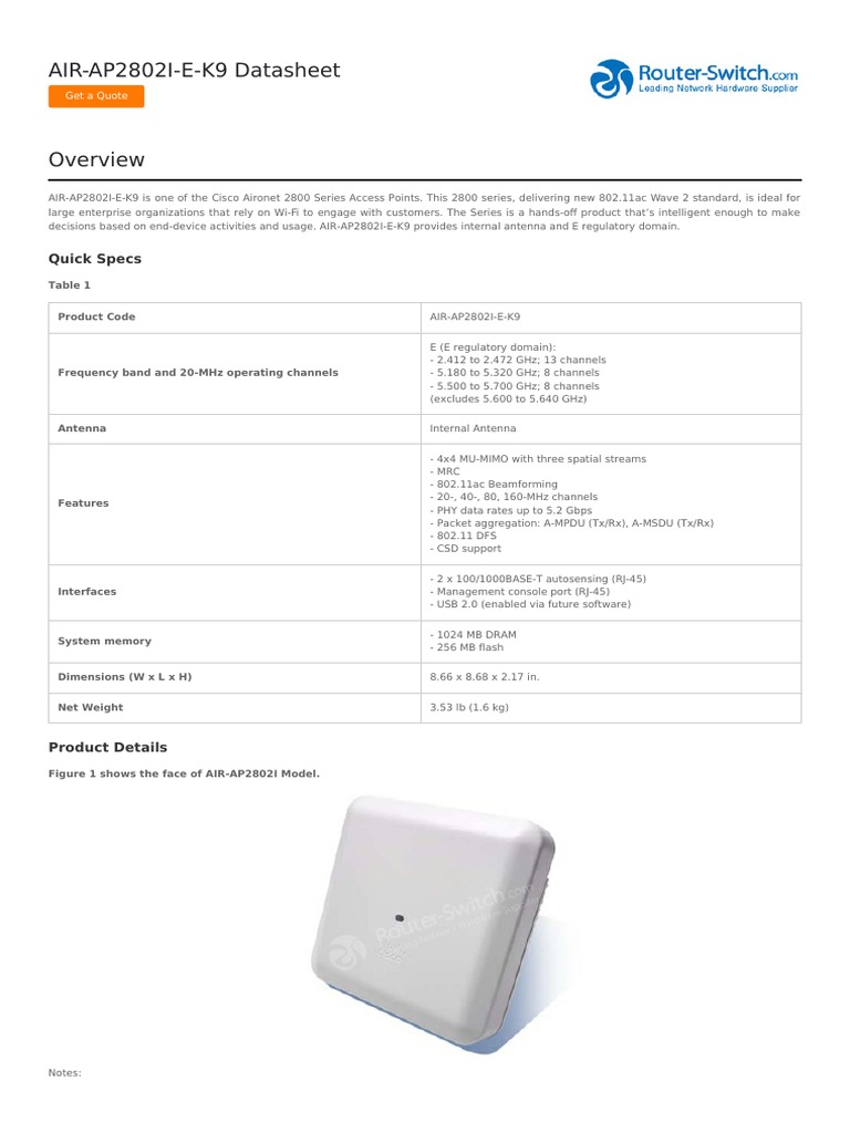Air Ap2802i e k9 Datasheet | PDF | Ieee 802.11 | Networks