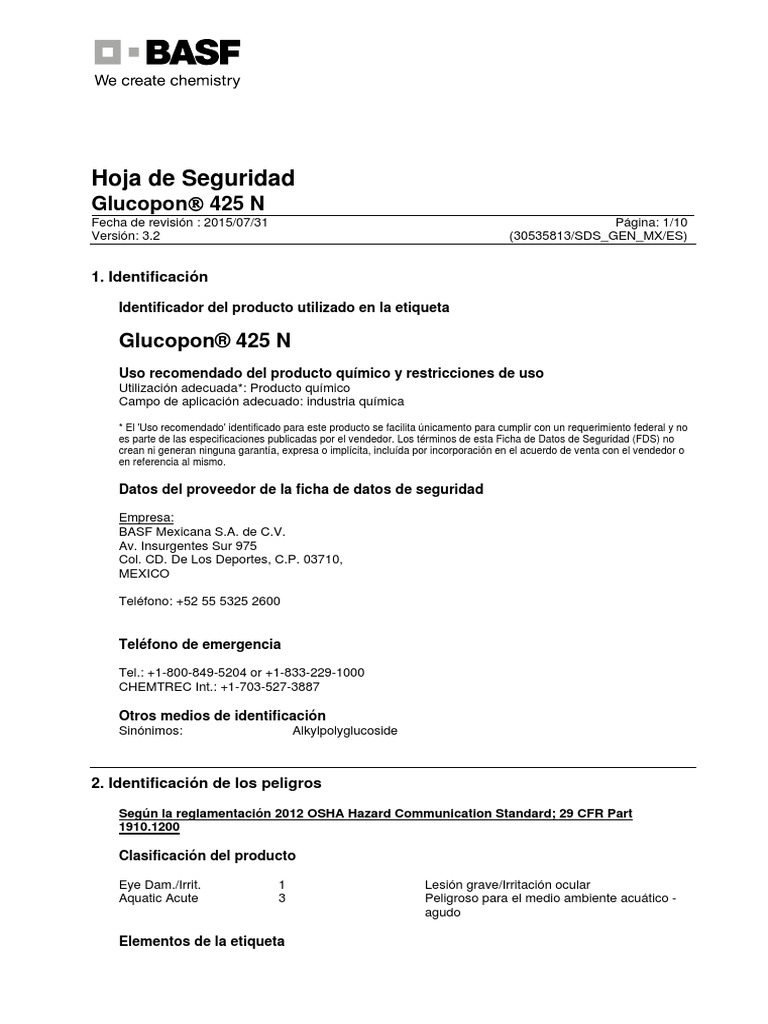 Glucopon 425 N | Toxicidad | Solubilidad