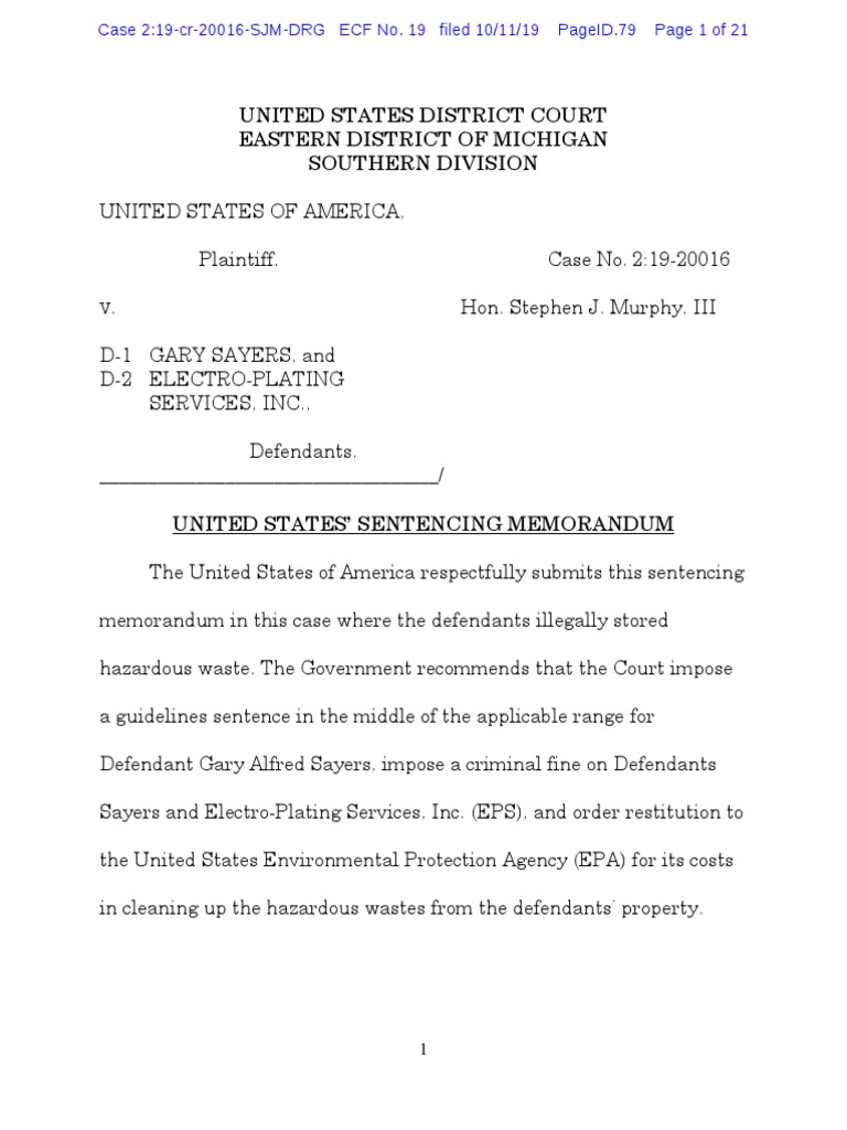 Sayers Prosecution Sentencing Memorandum | Resource Conservation And ...