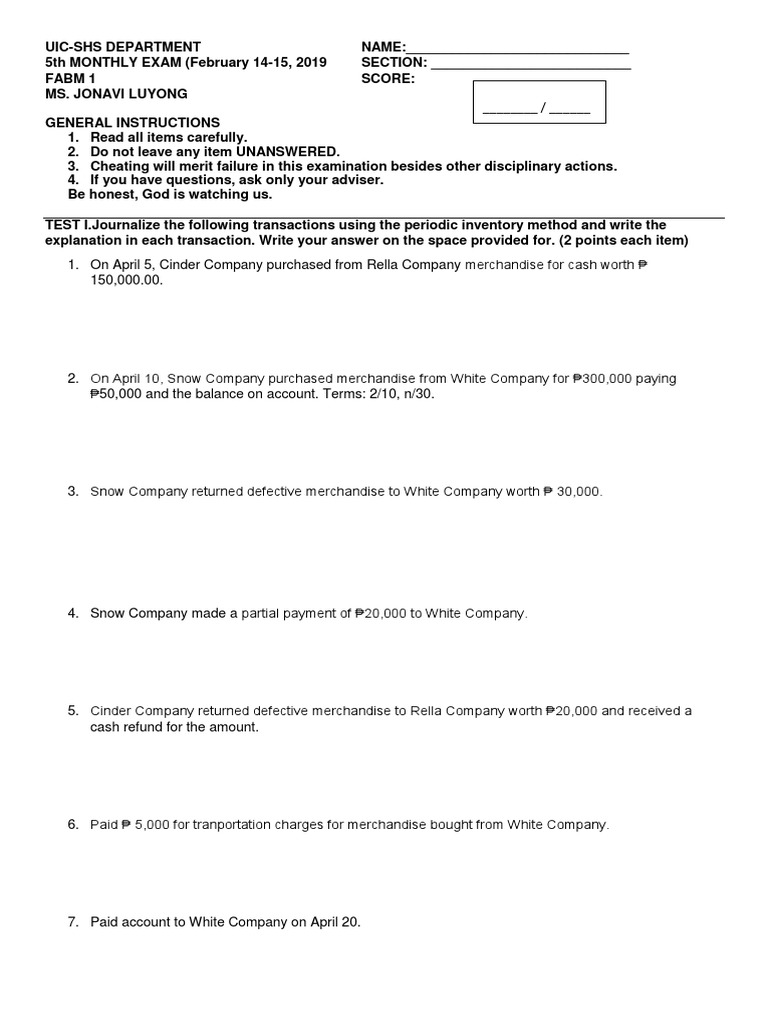 Monthly Exam for FABM 1: Journalizing Transactions, Posting to T ...