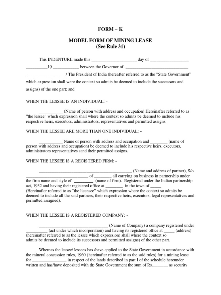 Form K - MODEL FORM OF MINING LEASE | PDF | Royalty Payment | Lease