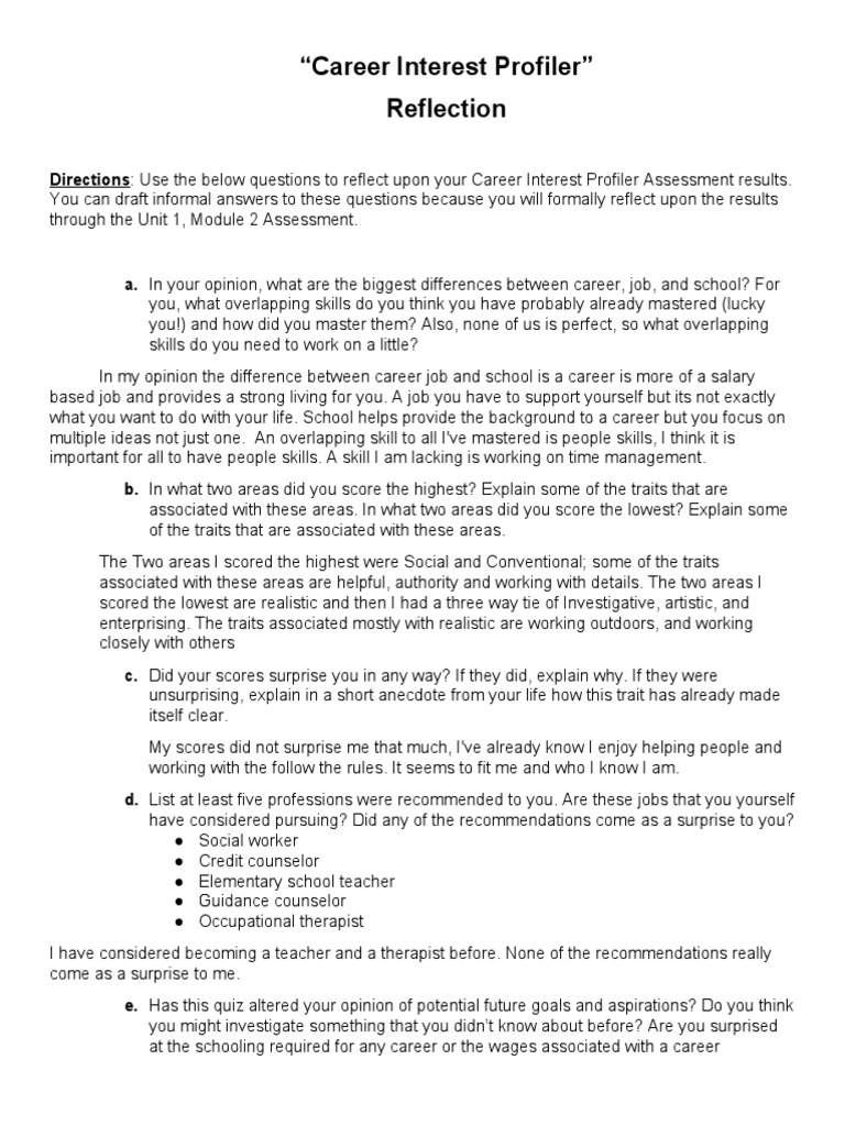 Career Interest Profiler Reflection | PDF | Applied Psychology ...