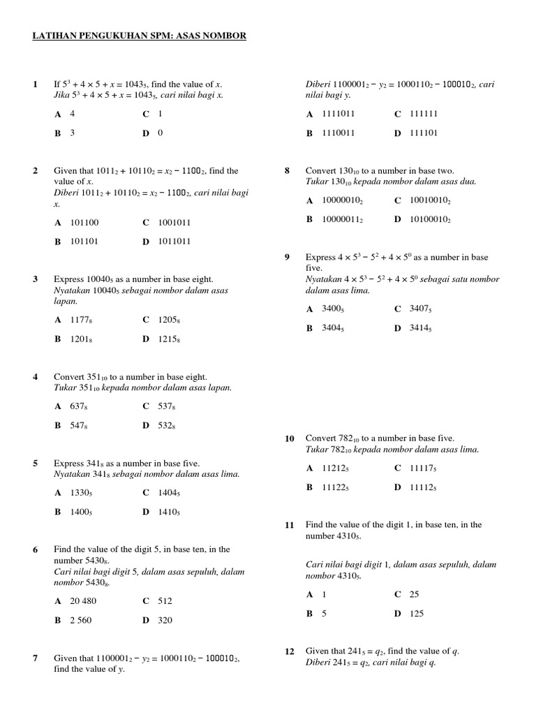 Asas Nombor Latihan Format SPM | PDF