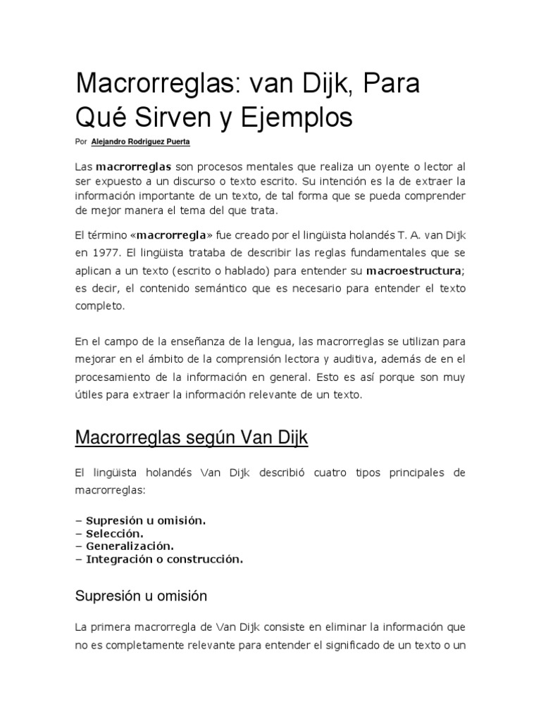 Macrorreglas de Van Dijk: Ejemplos y Uso | PDF | Comprensión lectora ...