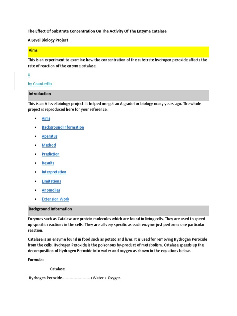 The Effect Of Substrate Concentration On The Activity Of The Enzyme Catalase Pdf Catalase