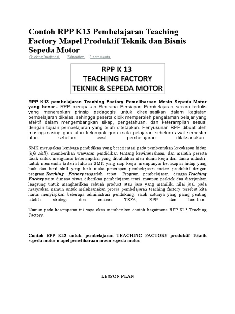 Contoh RPP K13 Pembelajaran Teaching Factory Mapel Produktif Teknik Dan ...