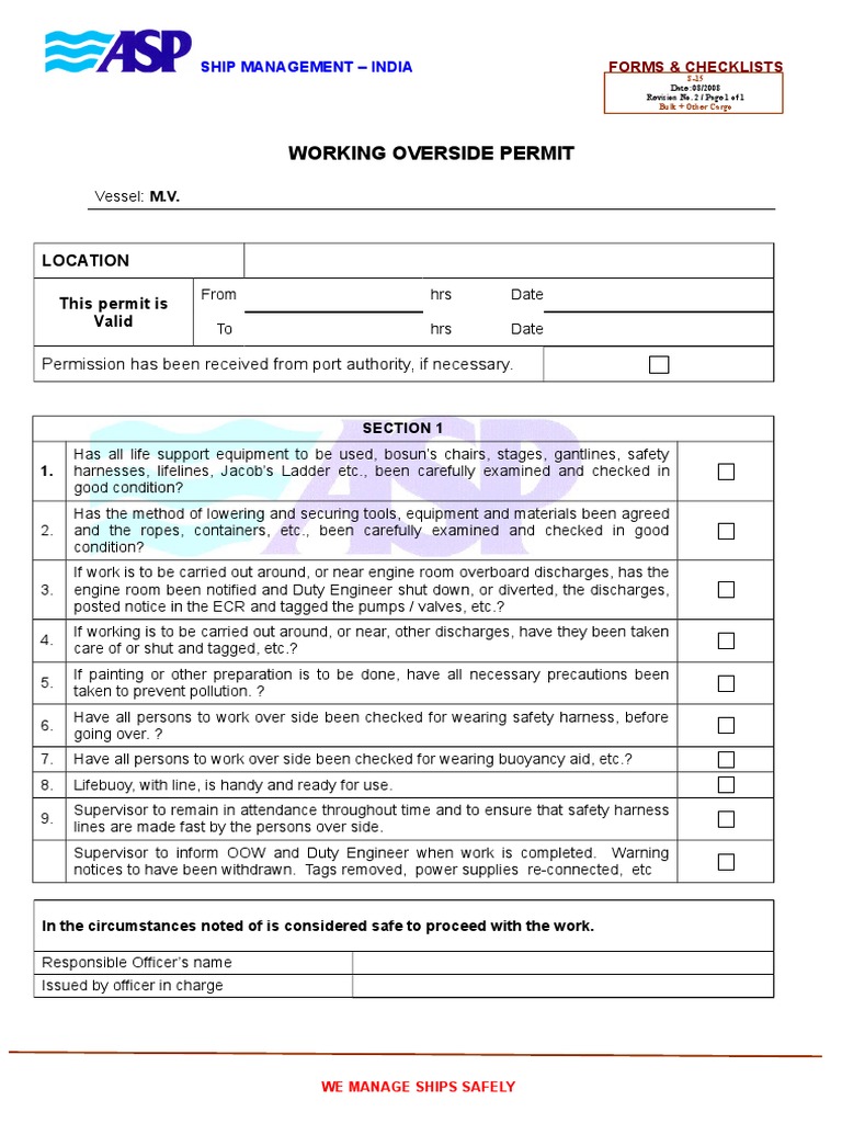 S-15 - Working Overside Permit | PDF | Ships | Water Transport