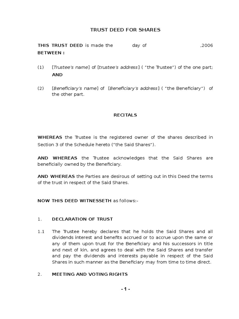 Trust Deed For Shares | PDF | Trust Law | Trustee