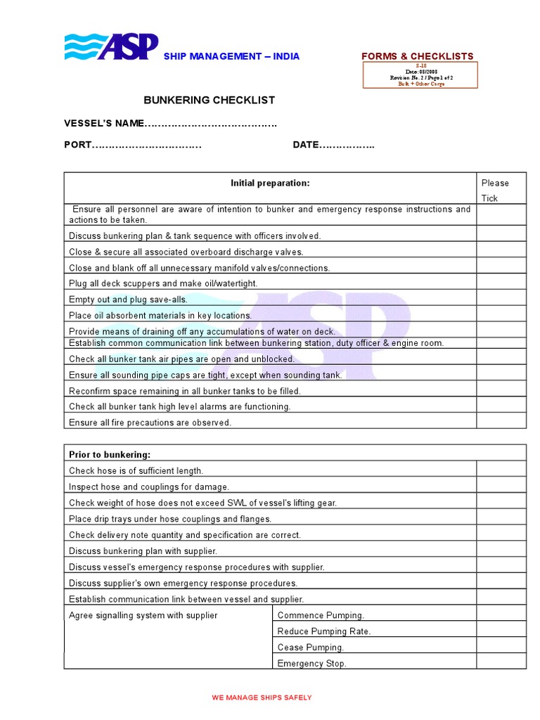 S-18 - Bunkering Checklist | PDF | Fuel Oil | Pump