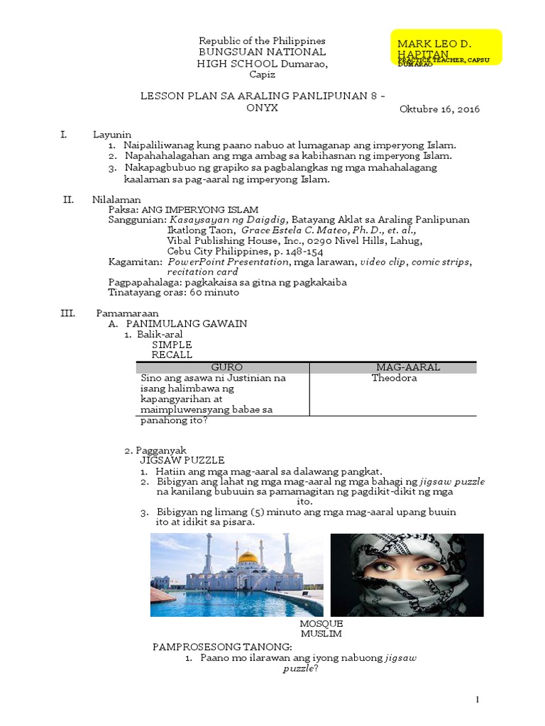 Lesson Plan Sa Araling Panlipunan Sample | PDF