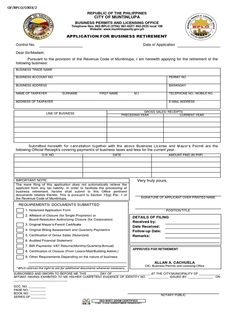 Application-for-Business-Retirement in Muntinlupa | PDF | Notary Public ...