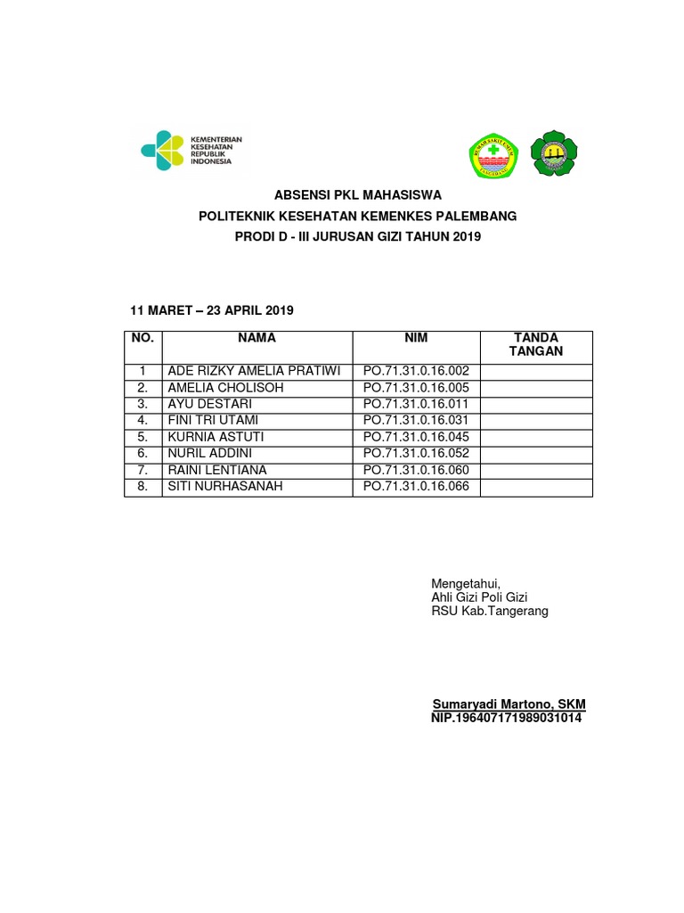 Absensi PKL Mahasiswa Tangerang Ahli Gizi | PDF