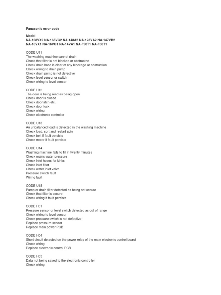 Panasonic Error Code | PDF | Vacuum Tube | Washing Machine