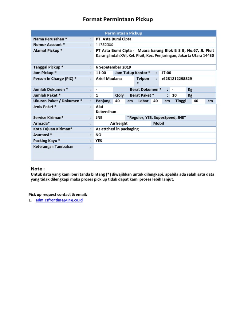 Form Permintaan Pickup - JNE | PDF