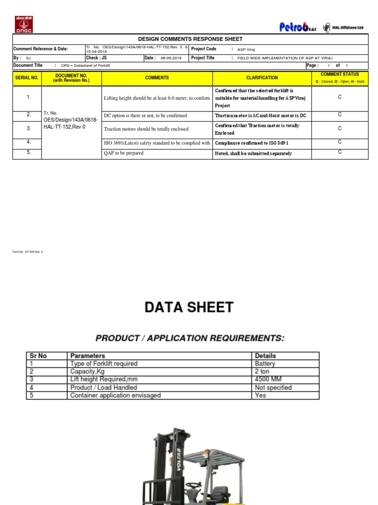 Datasheet For Forklift | Download Free PDF | Forklift | Manufactured Goods