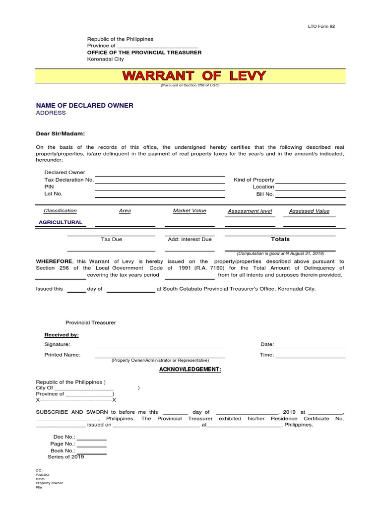 Warrant of Levy On Real Property Tax | PDF | Property Tax | Public Finance