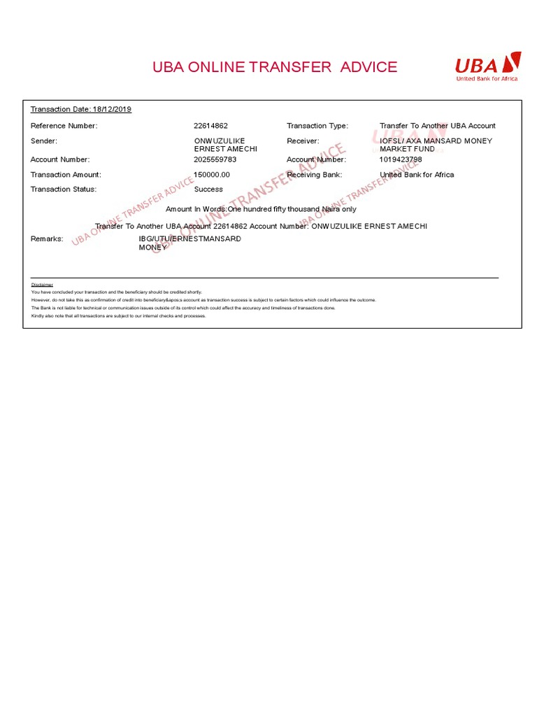 UBA Transfer Receipt Confirmation | PDF