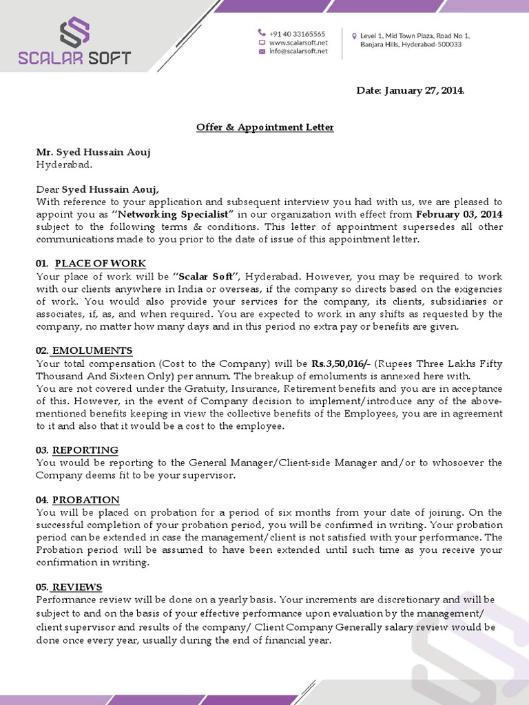 Offer Letter Scalar Soft PDF | PDF | Employment | Confidentiality