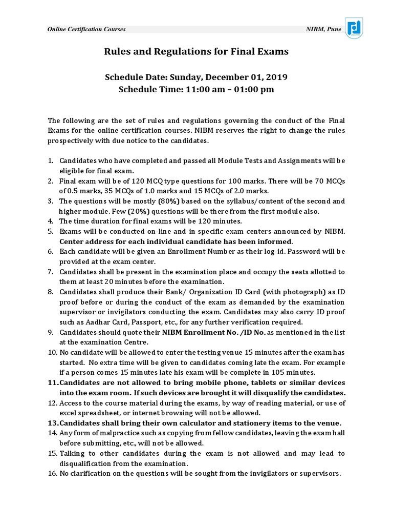 Rules and Regulations For Final Exams | PDF | Test (Assessment) | Test ...