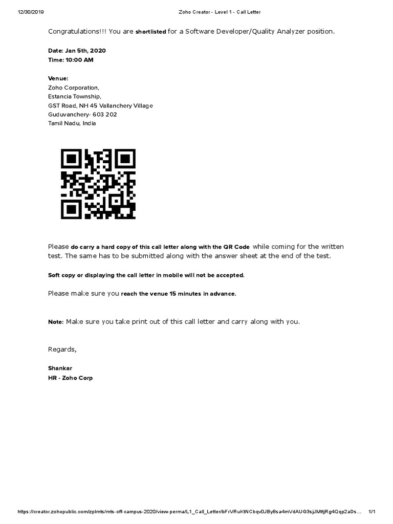 Zoho Creator - Level 1 - Call Letter PDF | PDF | Career & Growth