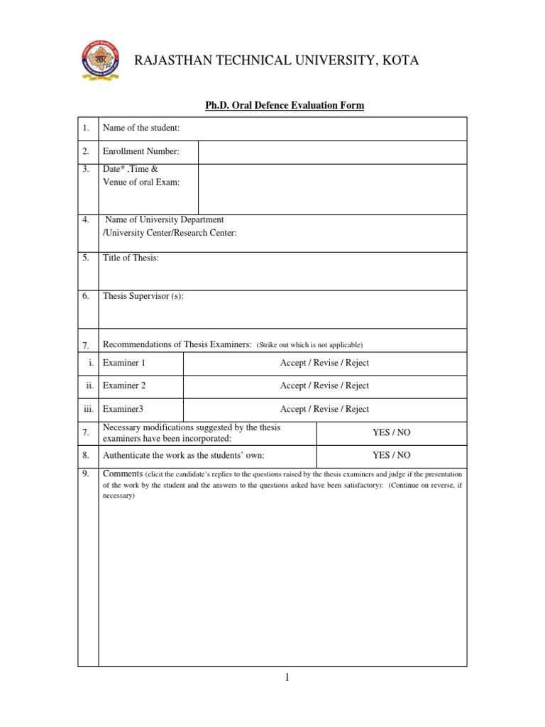 PHD Oral Defence Evaluation Form | PDF