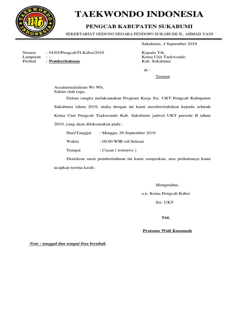 Surat Pemberitahuan Ukt Pengcab | PDF