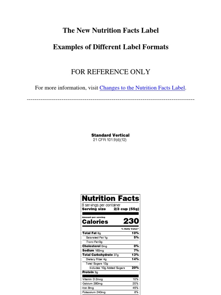 The New Nutrition Facts Label Examples of Different Label Formats | PDF ...