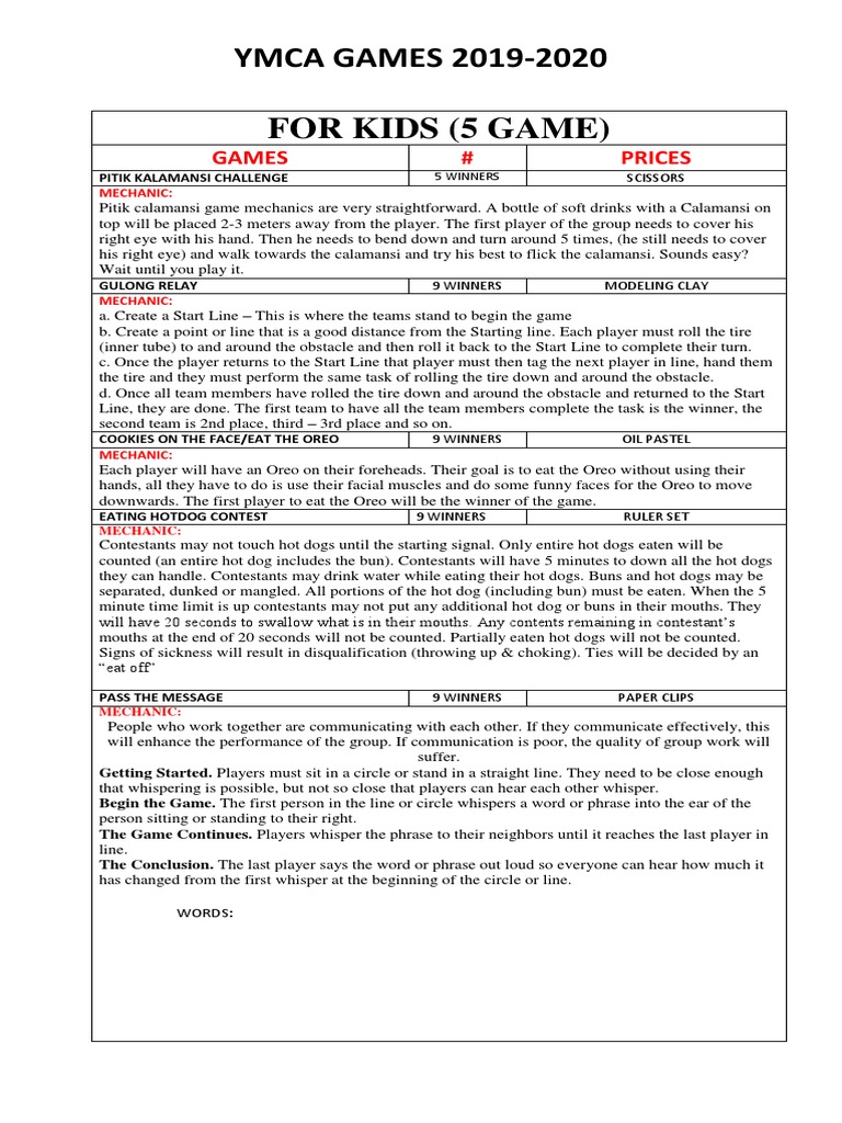 Ymca Games | PDF | Hot Dog | Leisure