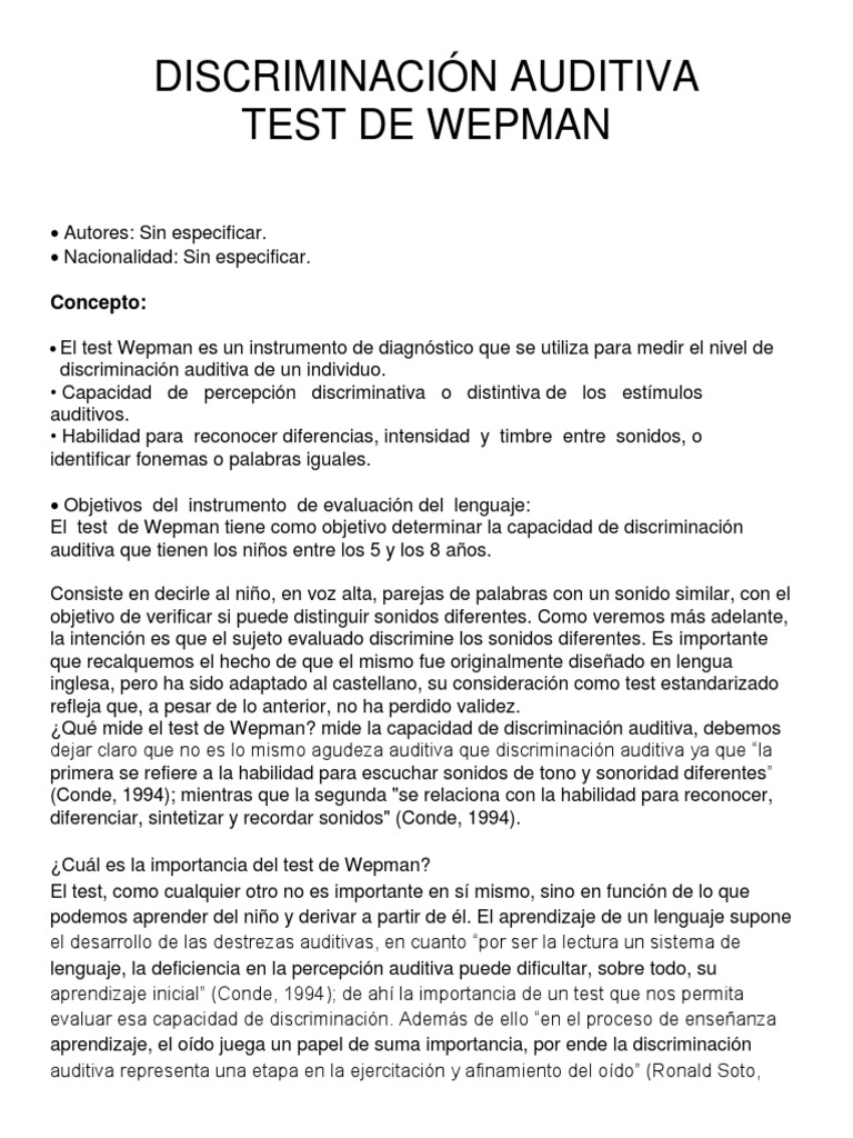Test de Wepman: Discriminación Auditiva | PDF | Discriminación ...