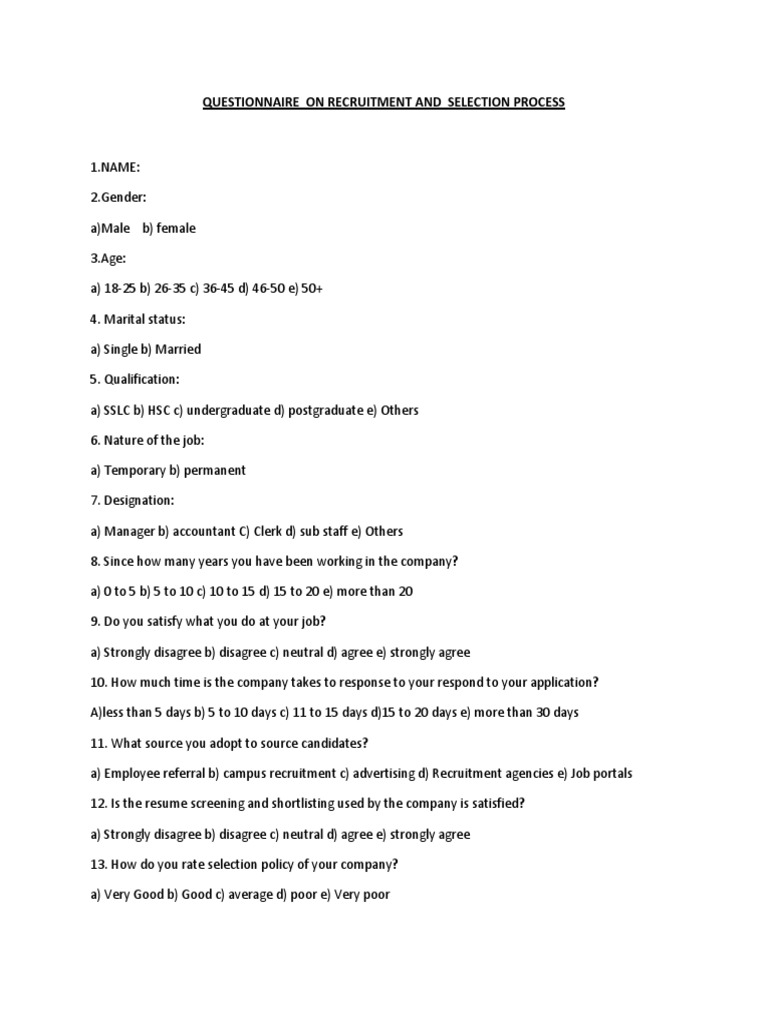 QUESTIONNAIRE On Recruitment and Selection Process | PDF | Recruitment ...
