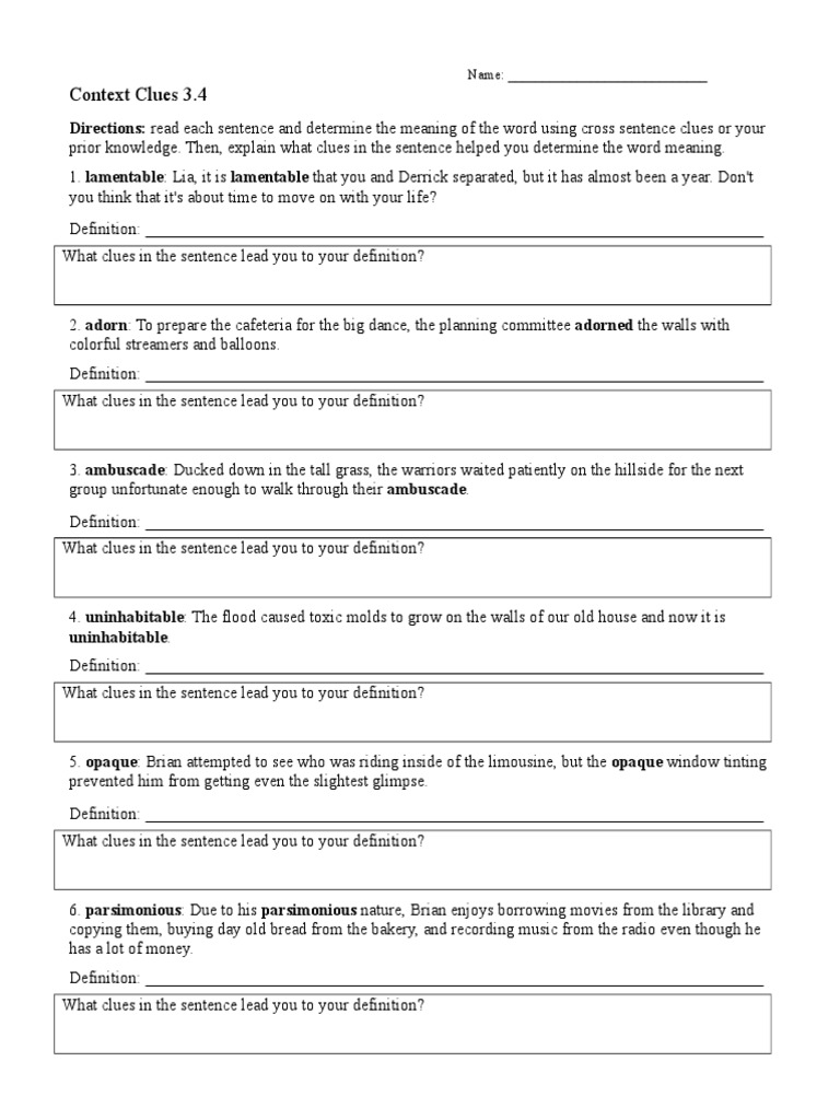 Context Clues Worksheet 3 4 | PDF | Language Arts & Discipline ...