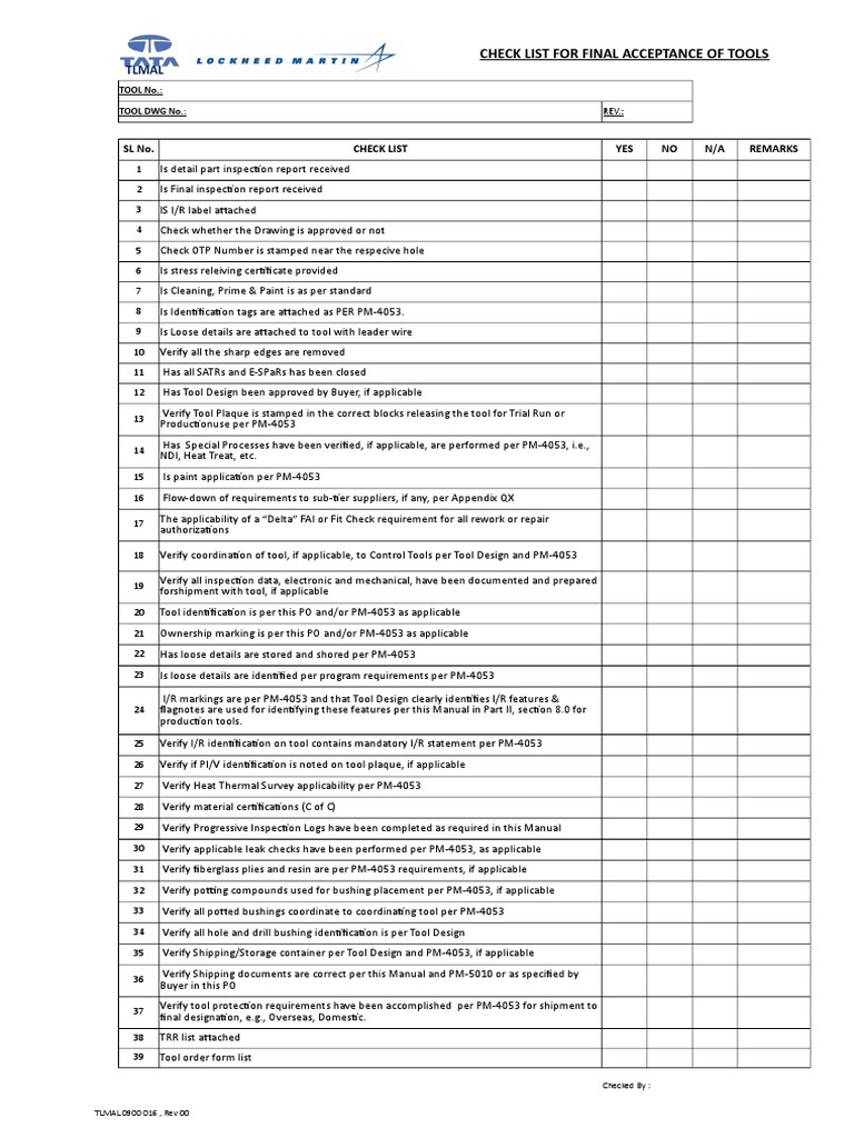 Checklist For Final Acceptance of Tools | PDF