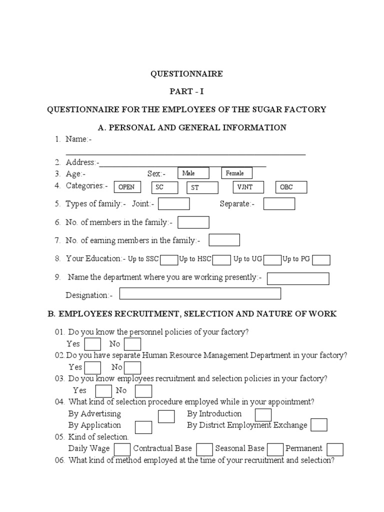 Questionnaire Sample | PDF | Performance Appraisal | Employment