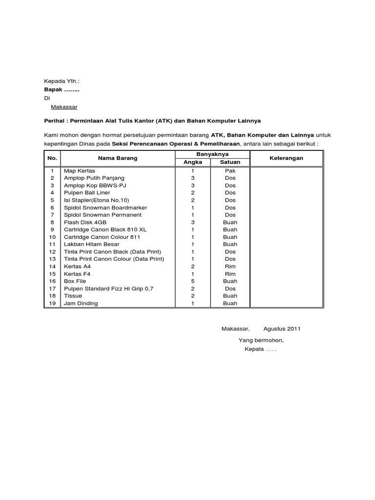 Permintaan ATK untuk Dinas Makassar | PDF