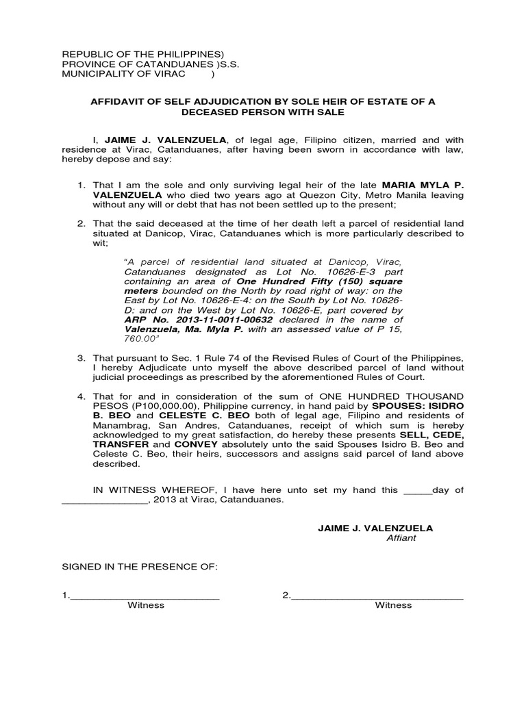 AFFIDAVIT OF SELF ADJUDICATION WITH SALE (Version 1) | PDF | Affidavit ...