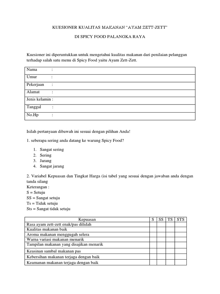 Kuesioner Kualitas Makanan Fika Anggreini | PDF