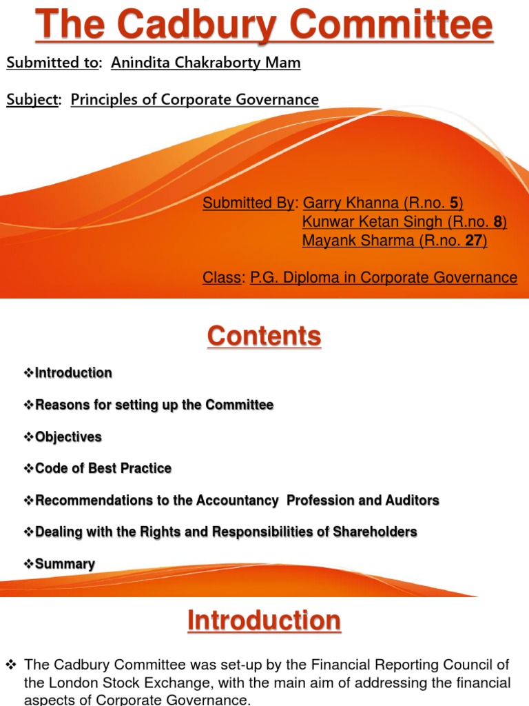 Cadbury Committee on Corporate Governance | PDF | Board Of Directors ...