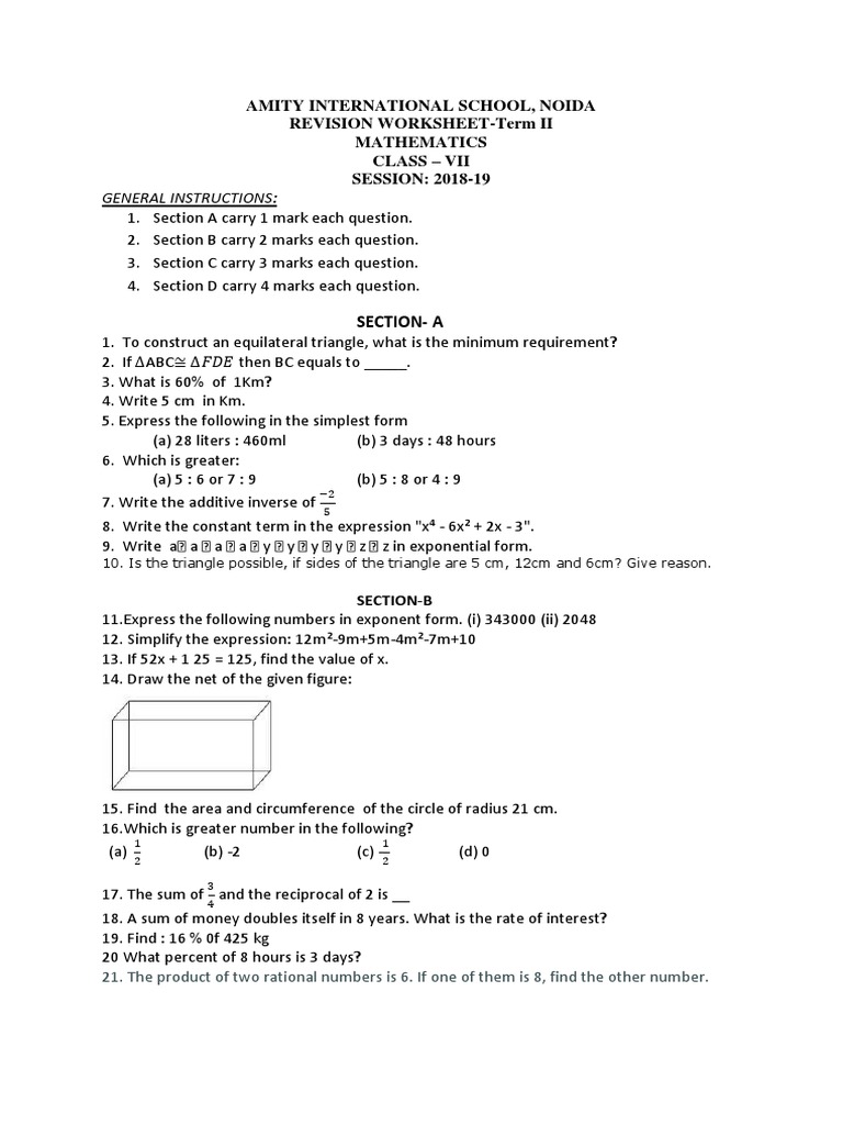 Revision Worksheet for Class 7 Mathematics: Exploring Key Concepts ...