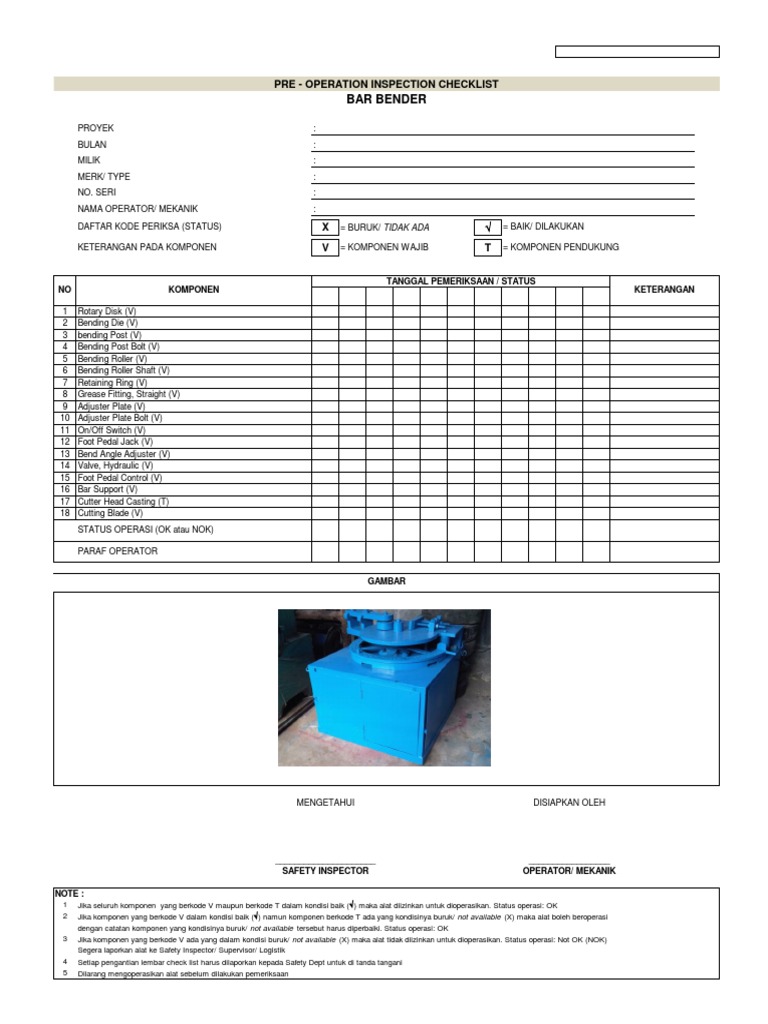 Checklist Inspeksi Bar Bender | PDF