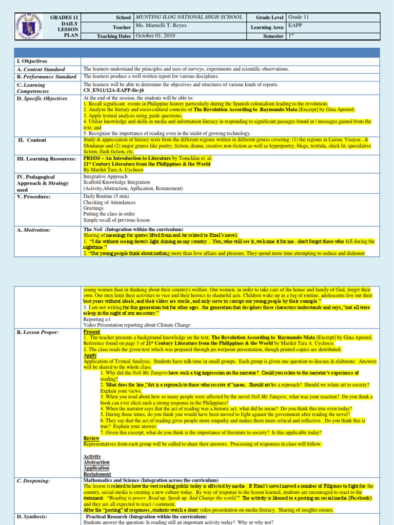 Grade 11 EAPP Lesson Plan Overview | PDF | Literacy | Constructivism ...