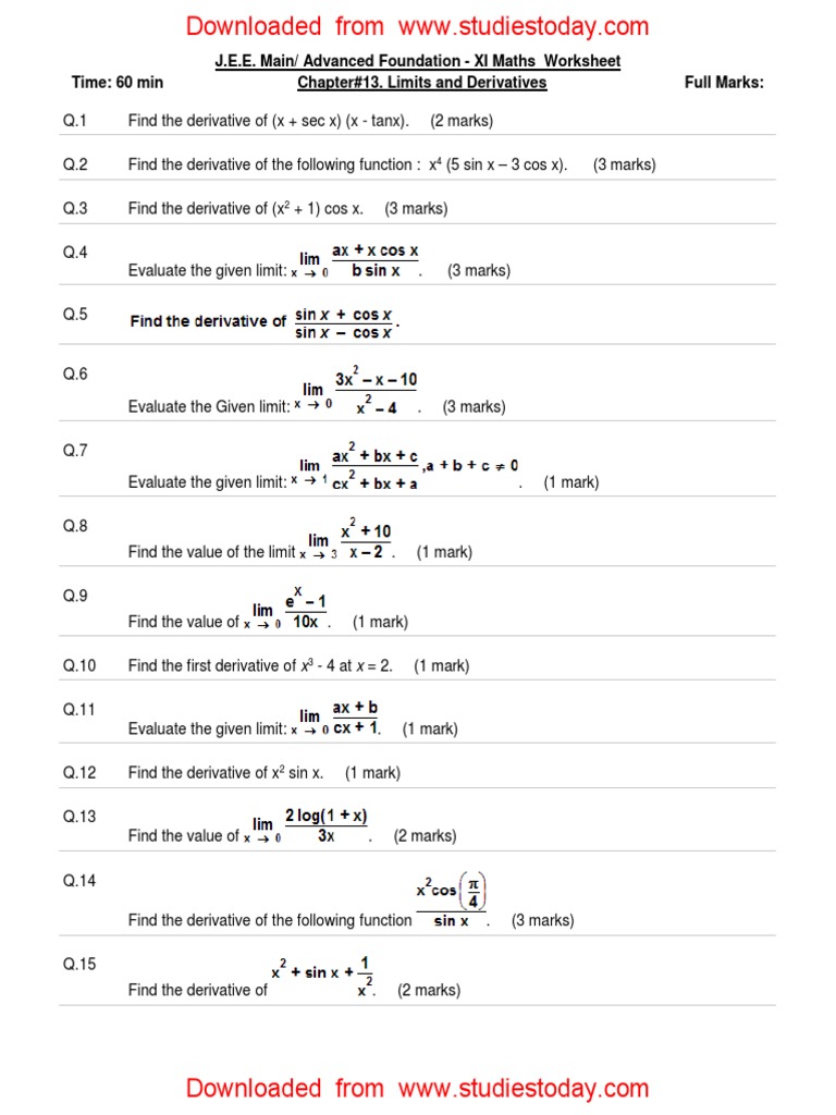 CBSE Class 11 Mathematics Worksheet - Limits and Derivatives | PDF ...