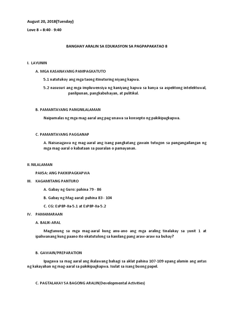LESSON PLAN ESP8 - Aug 29 | PDF