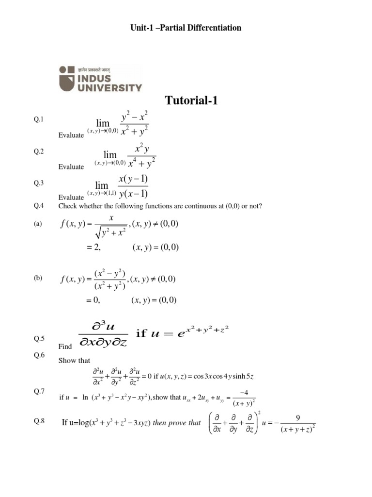 Tutorial - Unit-I - Partial Differentiation | PDF | Derivative | Differential Equations