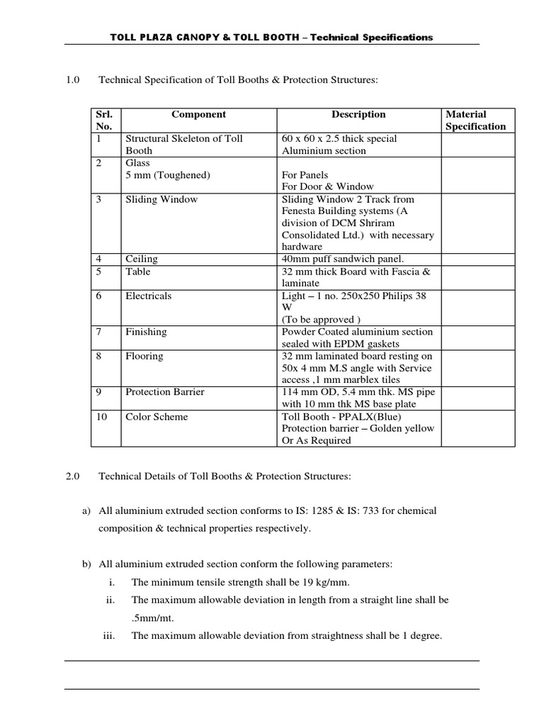 Toll Plaza Canopy & Booth Specifications | PDF | Building Technology ...