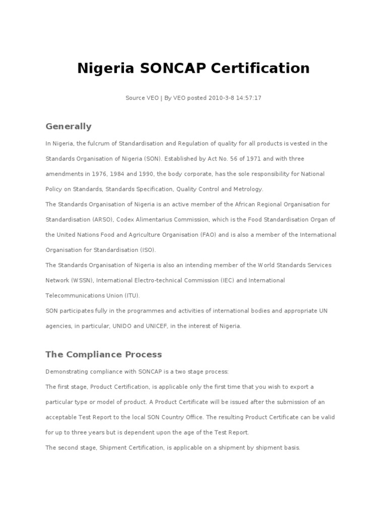 Nigeria SONCAP Certification | PDF | Regulatory Compliance | Standards ...