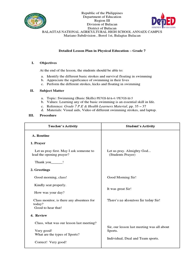 Detailed Lesson Plan in Physical Education 7 SWIMMING | PDF | Physical ...