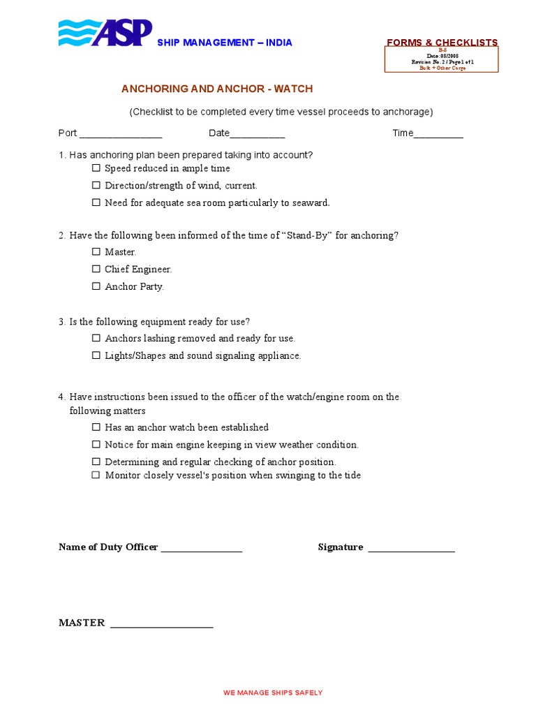 Anchor Watch Checklist for Vessels | PDF | Business | Science & Mathematics