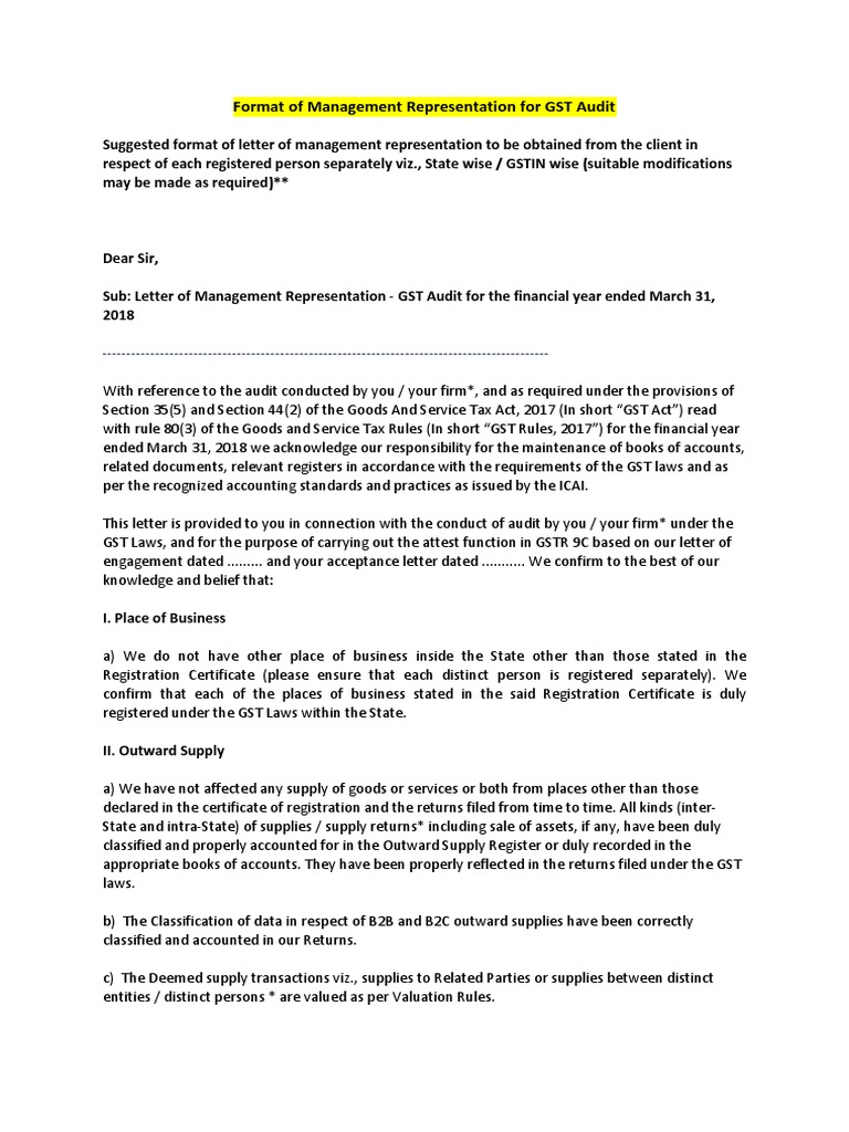 Format of Management Representation For GST Audit | PDF | Value Added ...