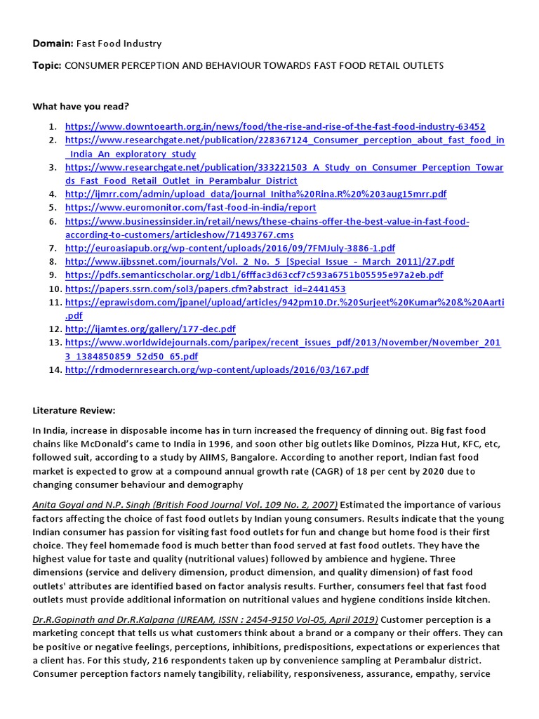 Research On Consumer Perception and Behaviour Towards Fast Food | PDF ...