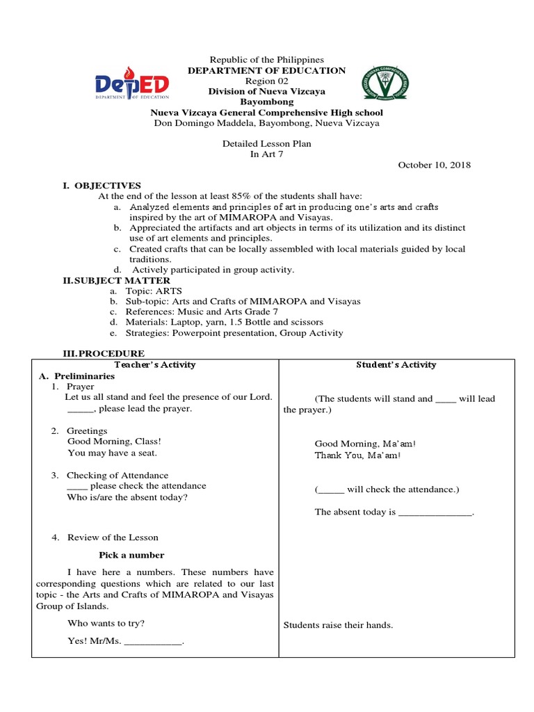 Lesson Plan in Weaving | PDF | Lesson Plan